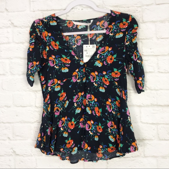 Zara | Tops | Zara Trf Navy Floral Ruched Sleeve Button Top Nwt | Poshmark